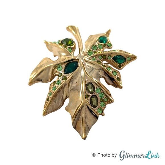 Jewelry | Vintage Oak Maple Leaf Green Rhinestone Gold Tone Fall Autumn ...